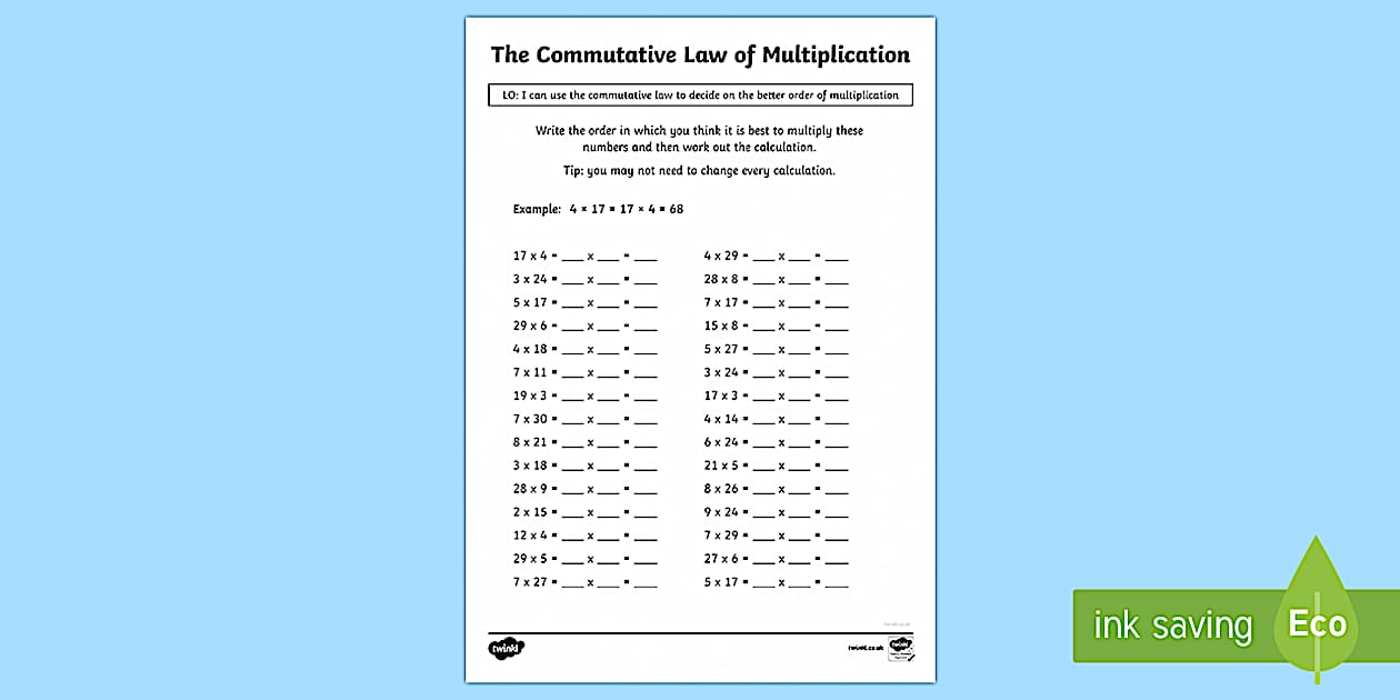 The Commutative Law (Multiplication) Worksheet / Worksheets