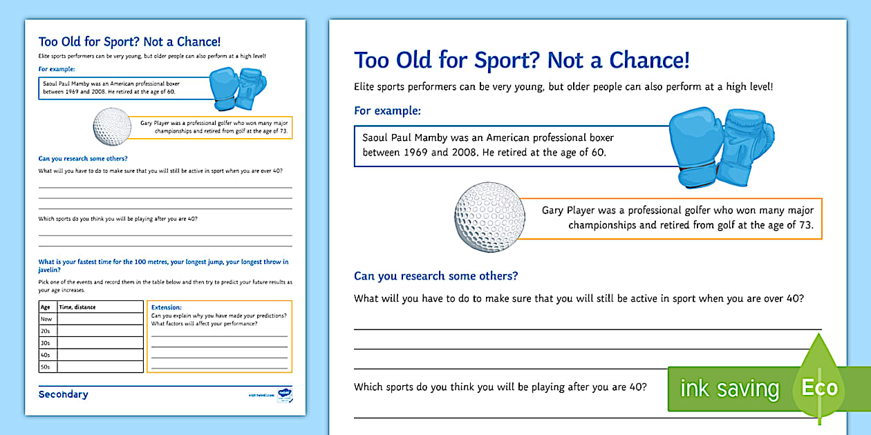 PE Cover Lesson - Too Old for Sport? Worksheet / Worksheet