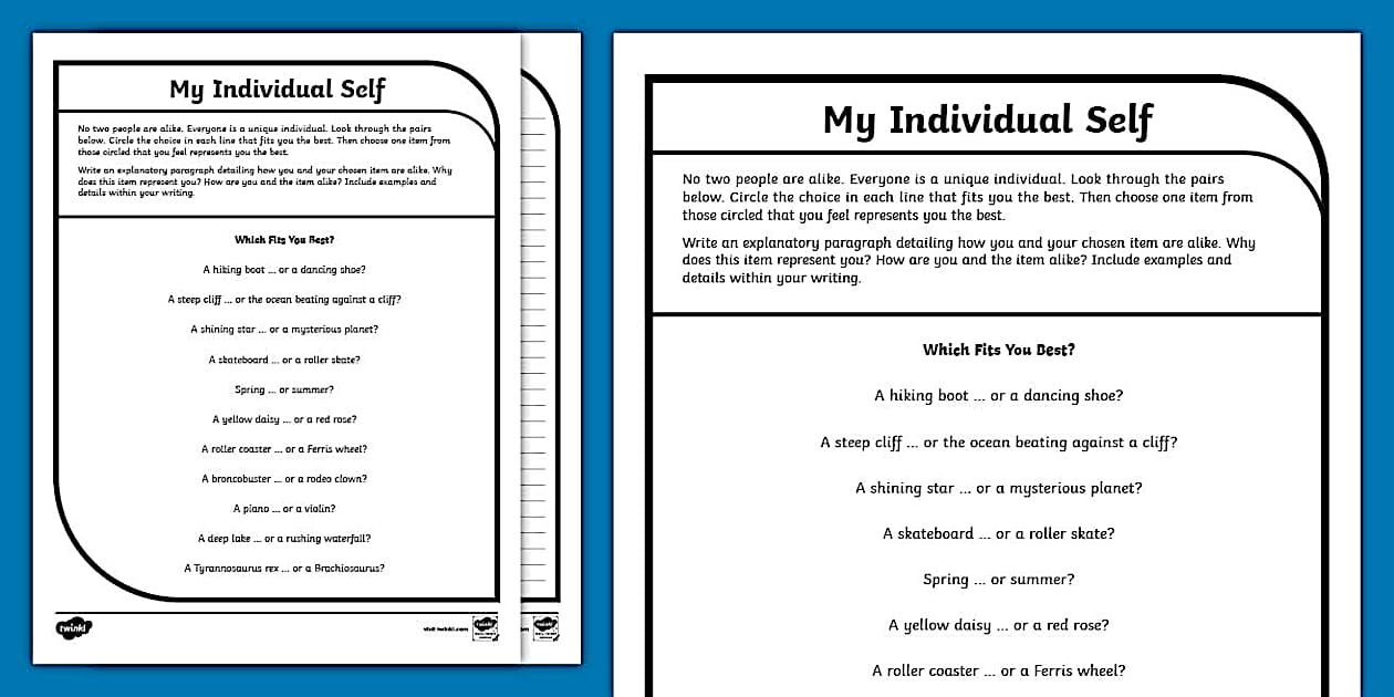 My Individual Self Writing Worksheet for 6th-8th Grades