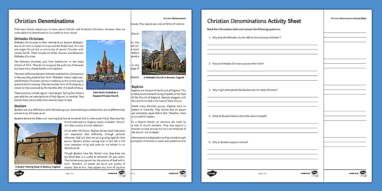 Different Christian Denomination Worksheet / Worksheet