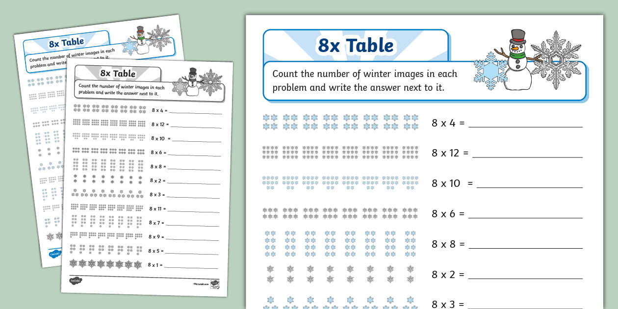 👉 Winter Themed 8× Table Worksheet (Teacher-Made)