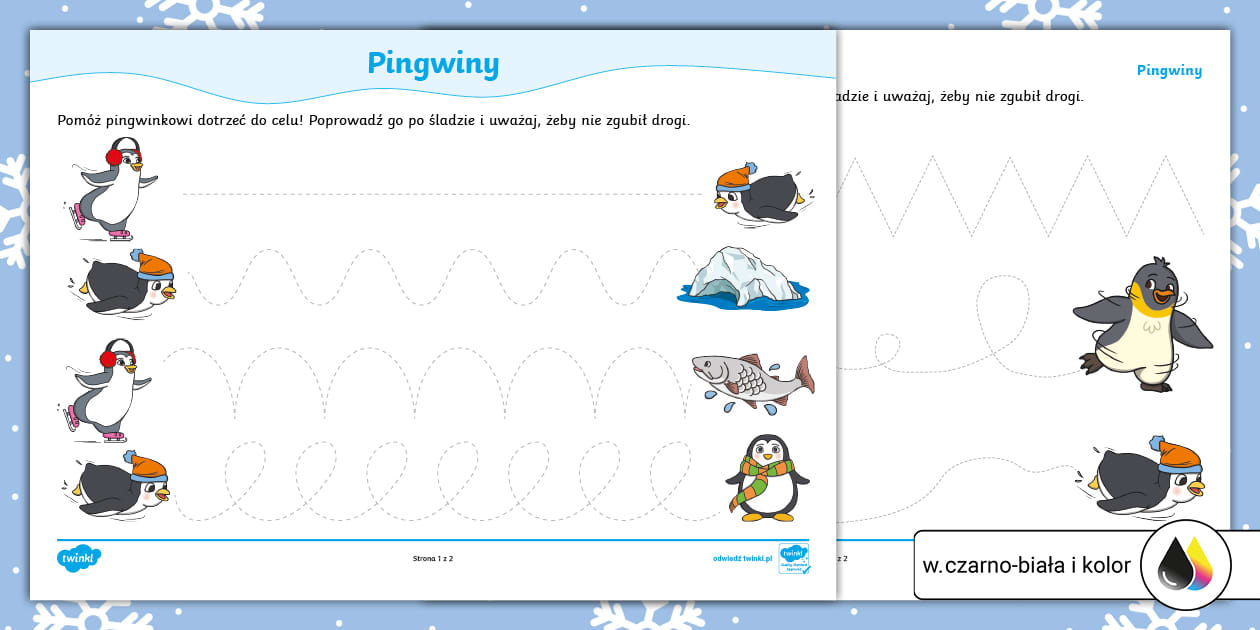 Pingwiny | Rysowanie po śladzie | Grafomotoryka - Twinkl