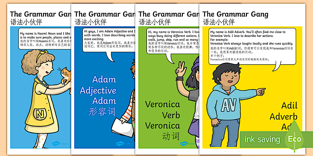 Grammar Gang Character Display Posters English/Mandarin Chinese ...