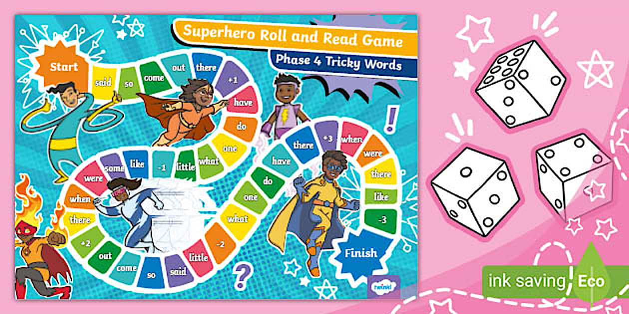 Superhero Roll and Read: Phase 4 Tricky Words Phonics Game