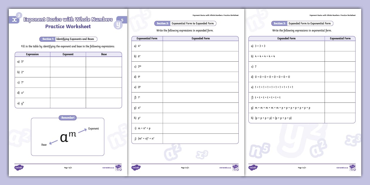 Exponent Basics with Whole Numbers: Practice Worksheet