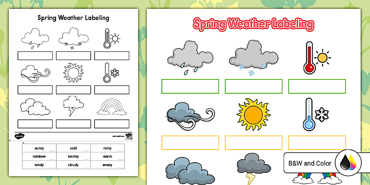 Spring Weather Cut and Paste Labeling Worksheet for K-2nd Grade