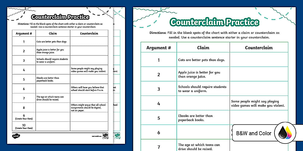 Counterclaim Practice Activity for 6th-8th Grade - Twinkl