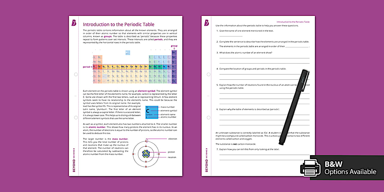 An Introduction to the Periodic Table Worksheet - Twinkl