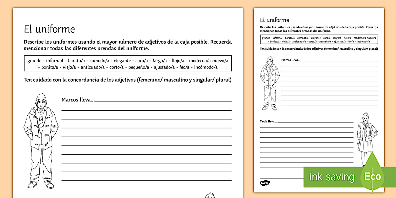 Describe the Uniform Writing Worksheet / Worksheet Spanish