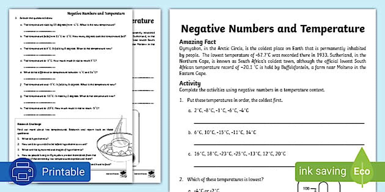 Negative Number Worksheet | Temperatures | South Africa