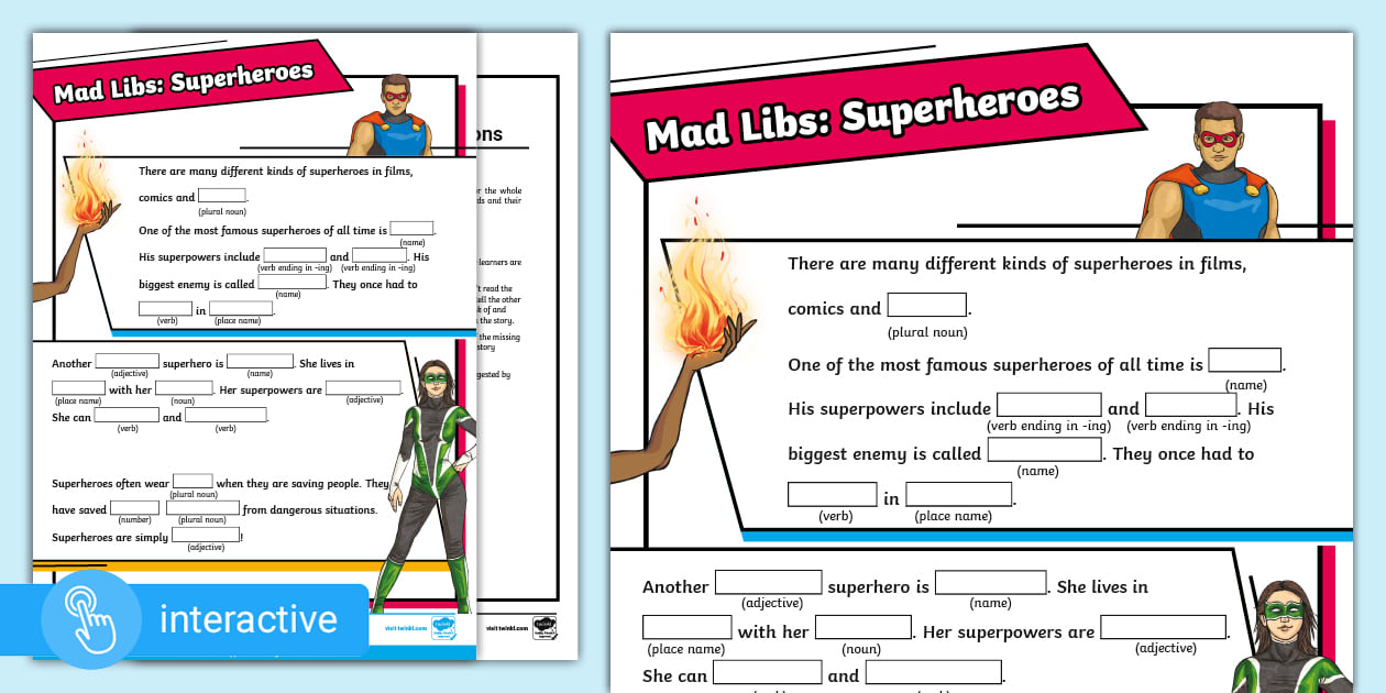Interactive PDF: Mad Libs Superheroes - Twinkl