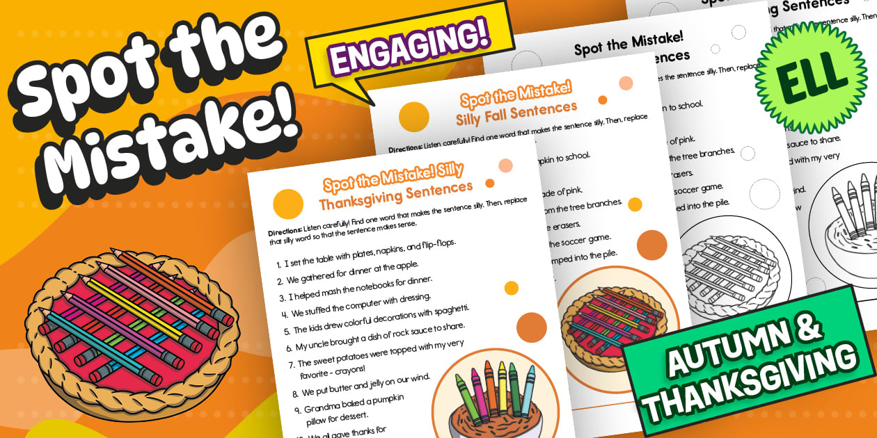 Spot the Mistake Silly Fall Sentences Listening Worksheets for ELL
