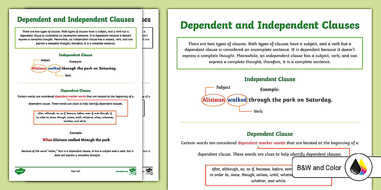 Dependent and Independent Clauses Worksheet for 6th-8th Grade