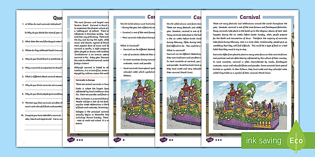 KS2 Carnival Differentiated Reading Comprehension Activity