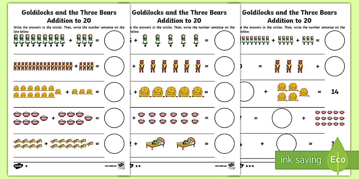 Goldilocks and the Three Bears Addition Sheets - Twinkl