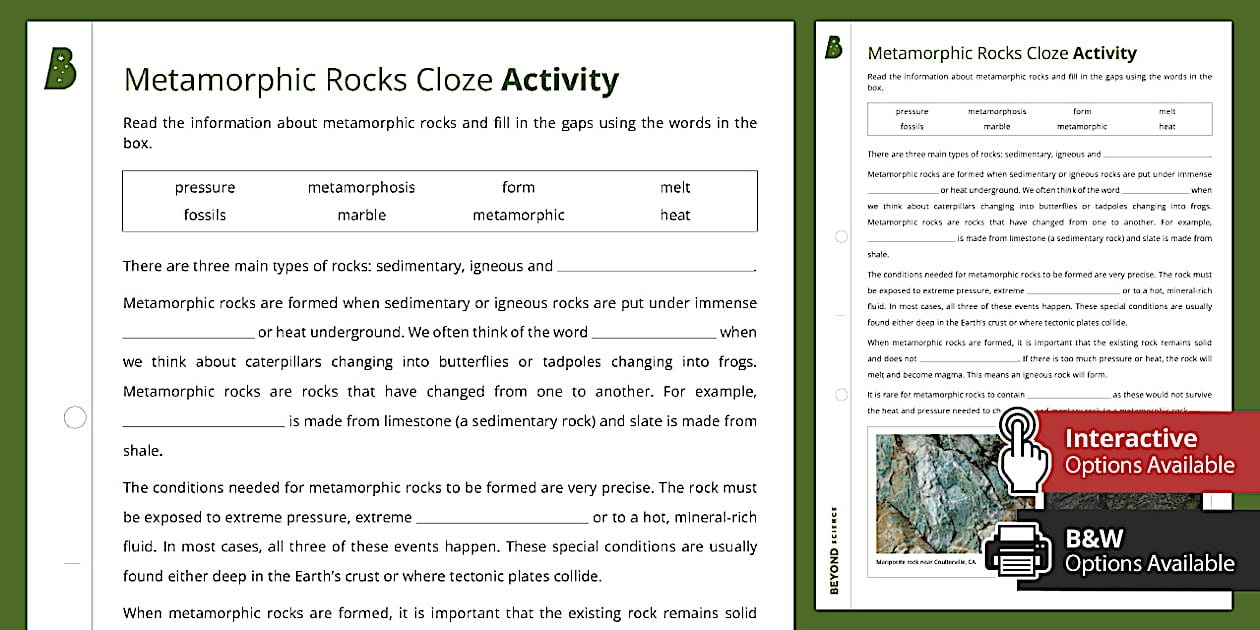 Metamorphic Rocks Cloze Activity - Twinkl