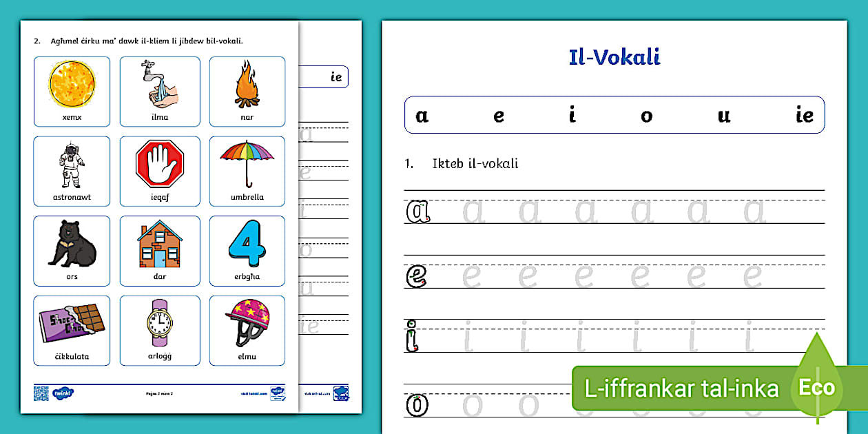 Karta tal-Ħidma: Il-Vokali (teacher made) - Twinkl