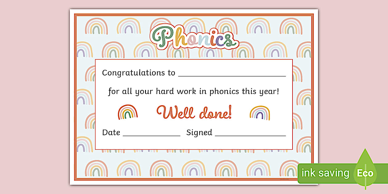 Muted Rainbow Phonics Screening Certificate - Twinkl