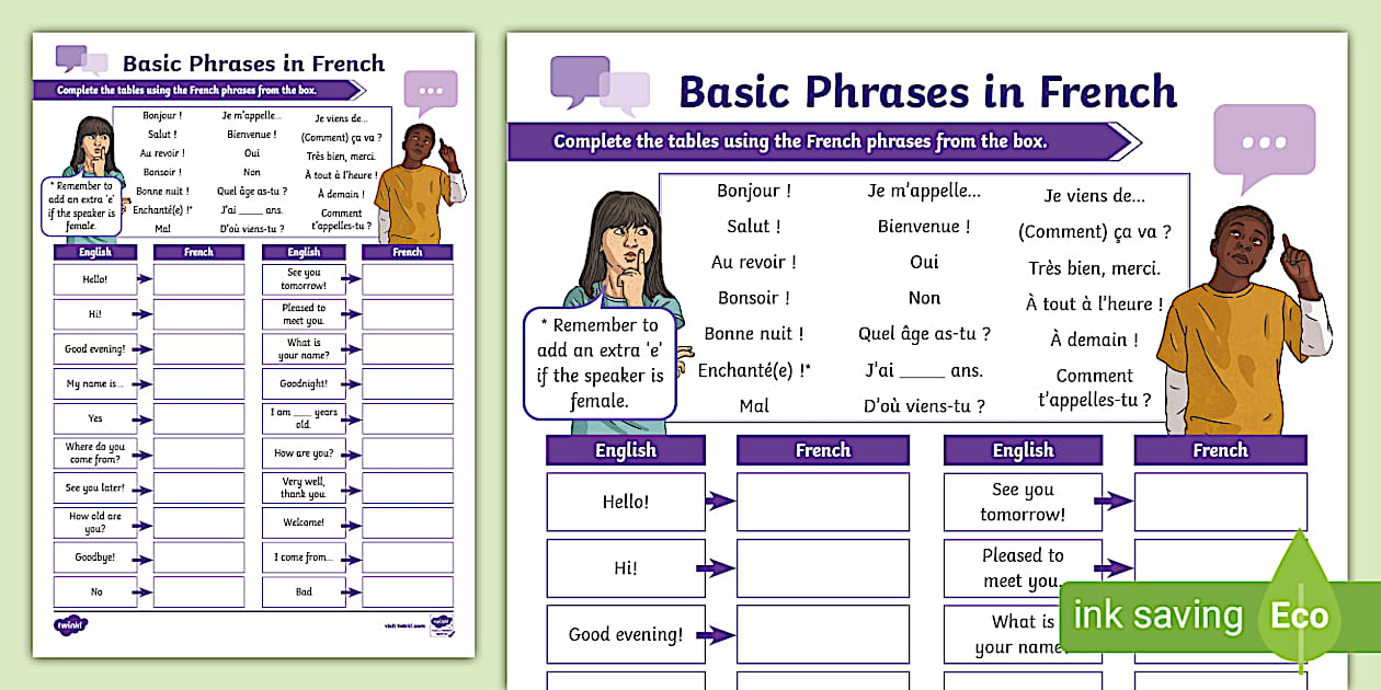 👉 French Phrases Worksheet | Basic Phrases | Twinkl
