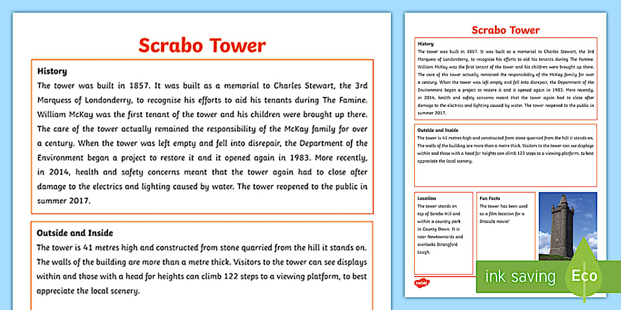 Northern Ireland Scrabo Tower Fact Sheet