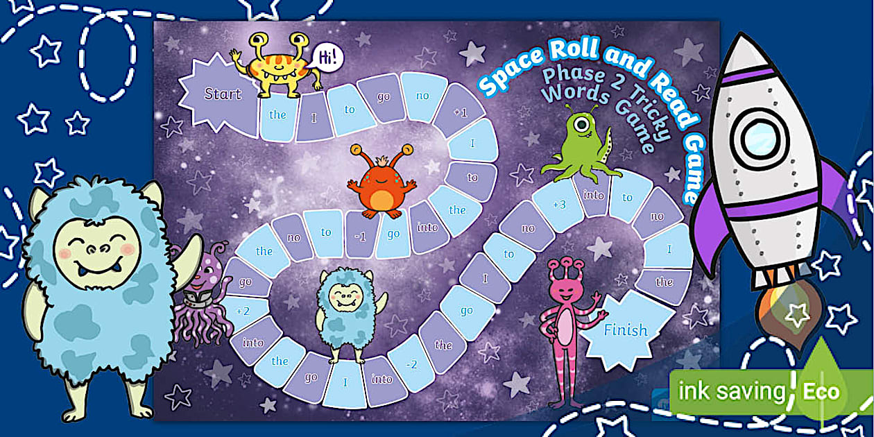 Space-Themed Roll and Read: Phase 2 Tricky Words Game