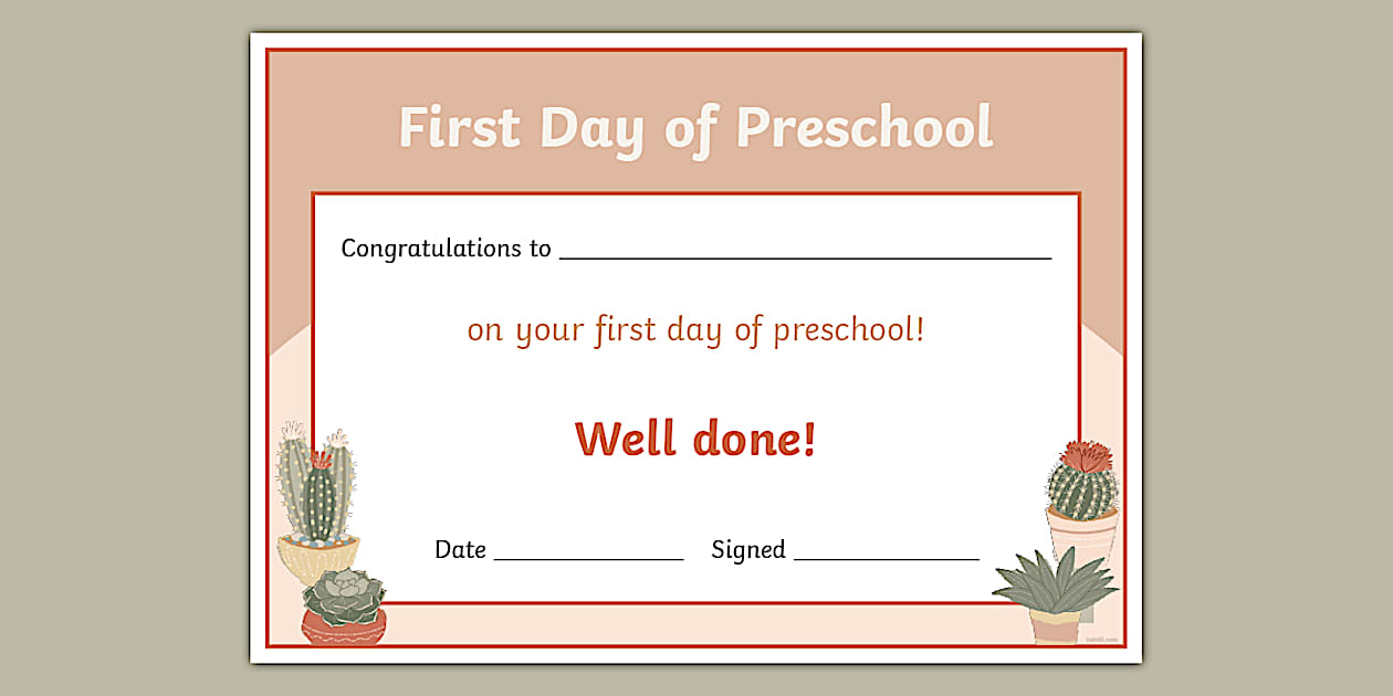 Succulents-Themed First Day of Preschool Certificate