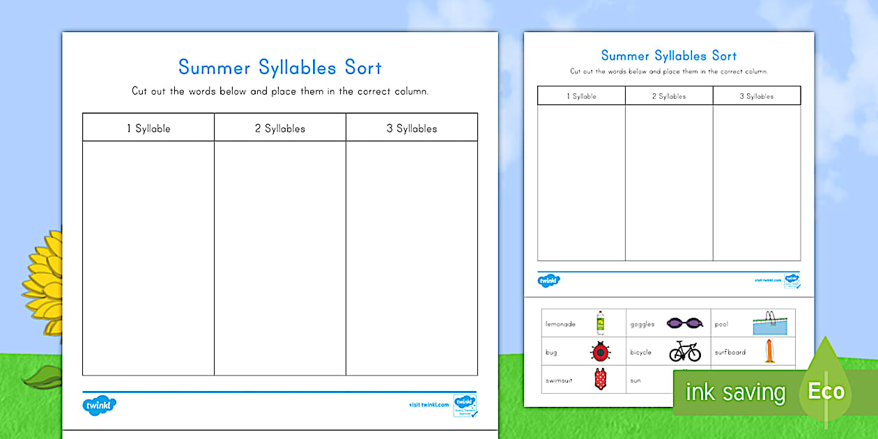 Summer Syllables Sorting Worksheet | ELA | Twinkl USA