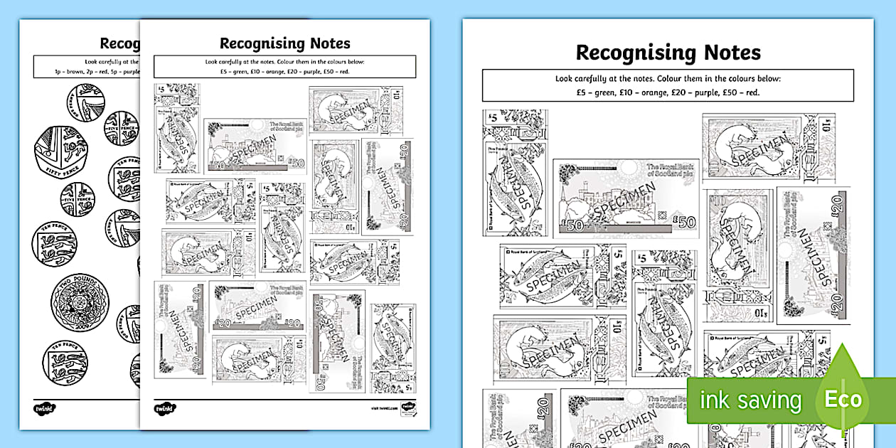 Recognising Scottish Coins and Notes Colouring Pages