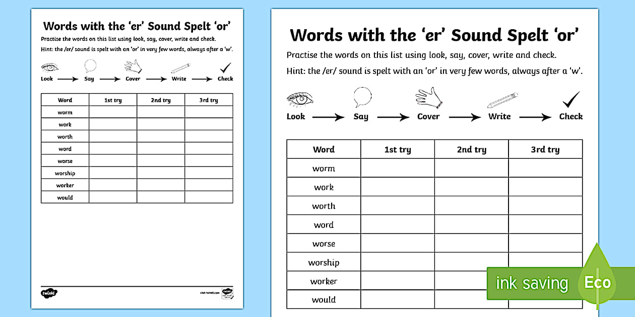 Year 2 Spelling Practice /er/ Sound Spelt 'or' Homework Worksheet ...