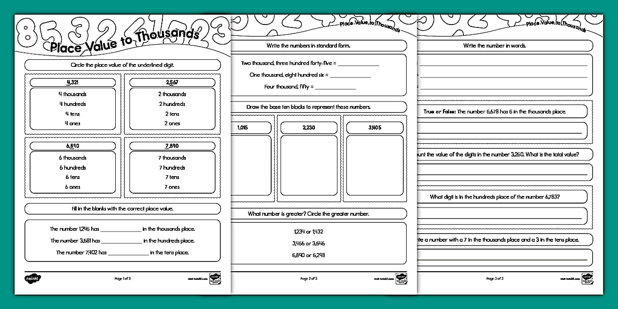 Place Value to Thousands Worksheet for K-2nd Grade - Twinkl