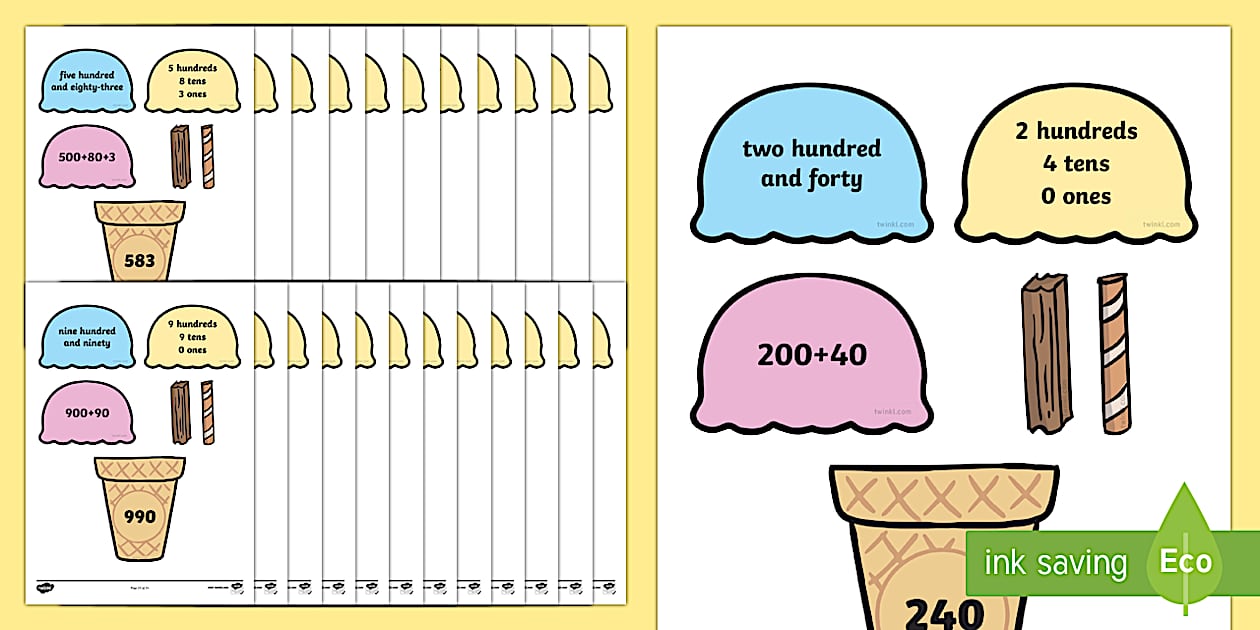 Year 2 Place Value Ice Cream Matching Activity Matching Cards