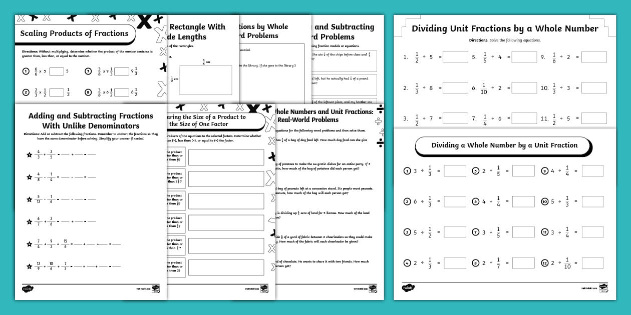 Fifth Grade Math Standards Fractions Practice Pack - Twinkl