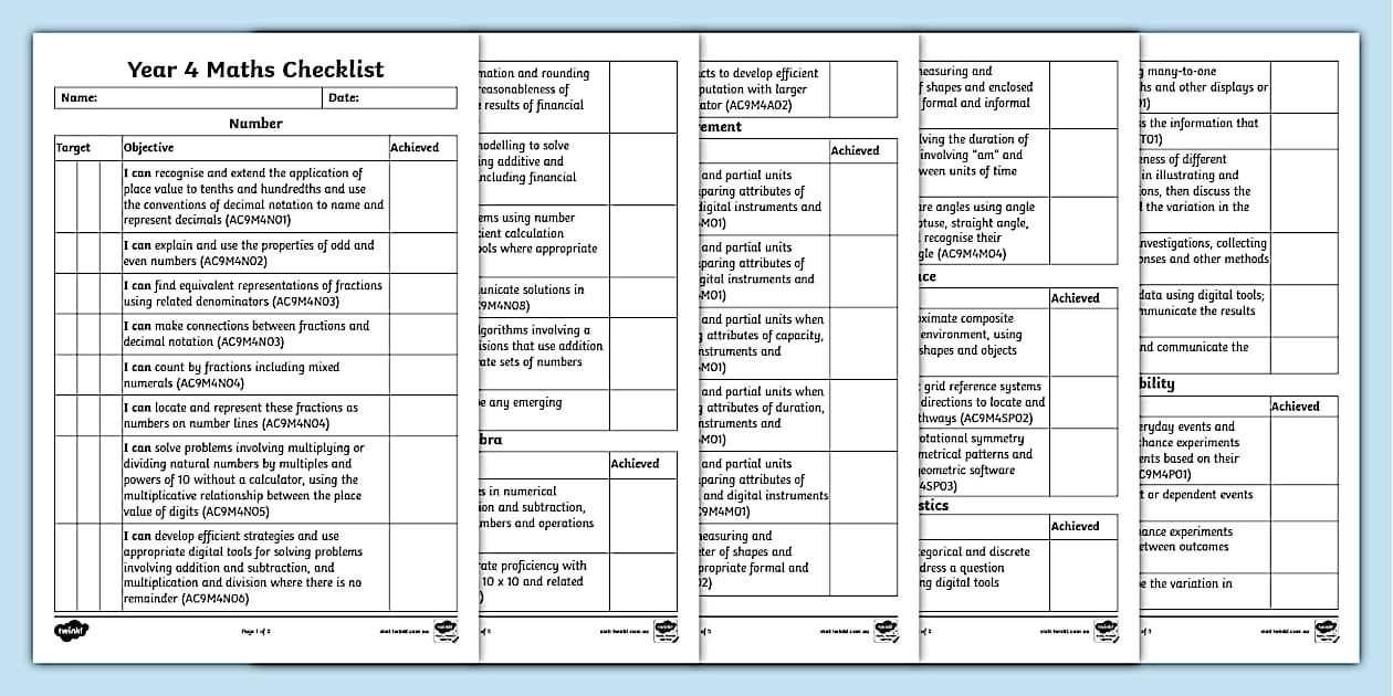 Year 4 Maths Assessment I Can Statements Checklist - Twinkl