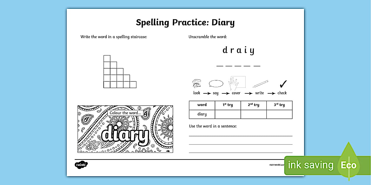 Diary Spelling Practice Worksheet (teacher made) - Twinkl