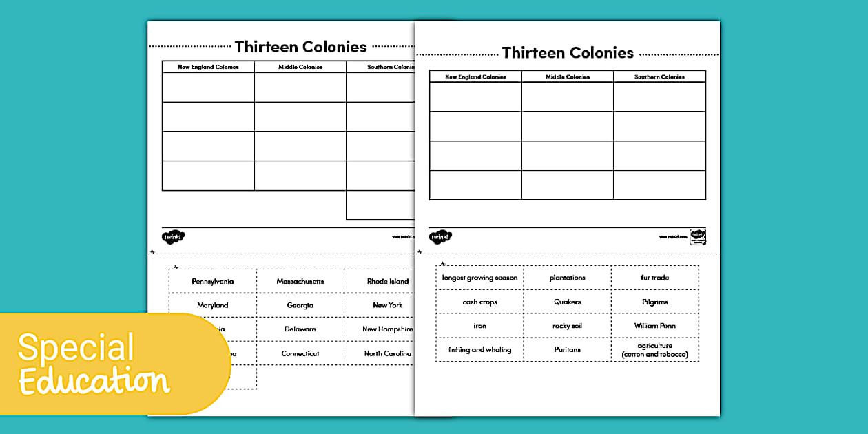 Thirteen Colonies Cut & Paste Activity Worksheet for Special Education