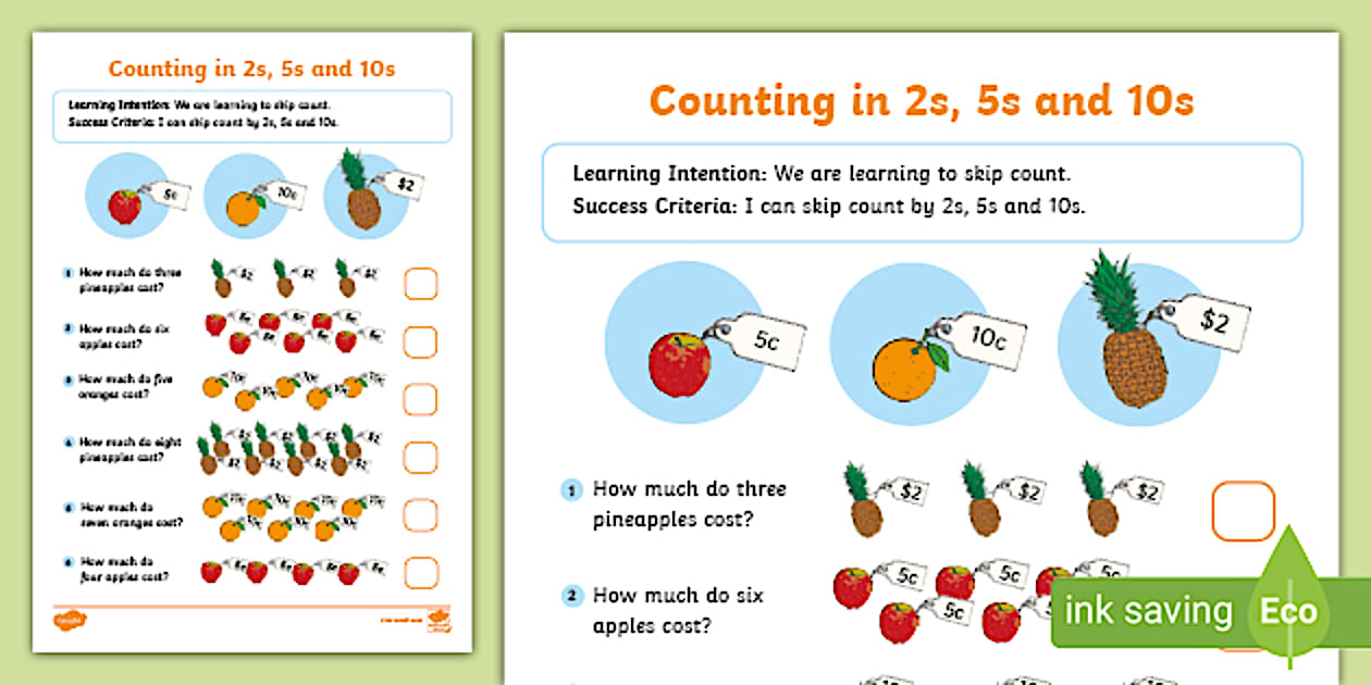Counting in 2s, 5s and 10s Fruit Shop Worksheet - Twinkl