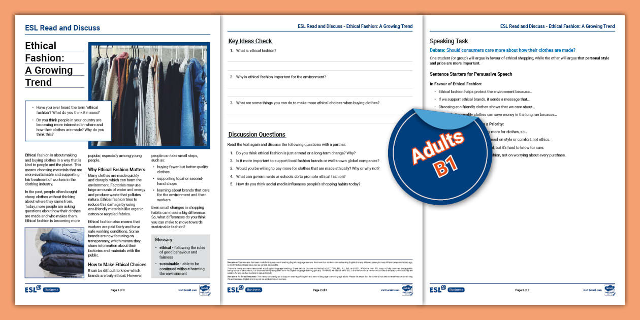 ESL Ethical Fashion: A Trendy Read (teacher made) - Twinkl