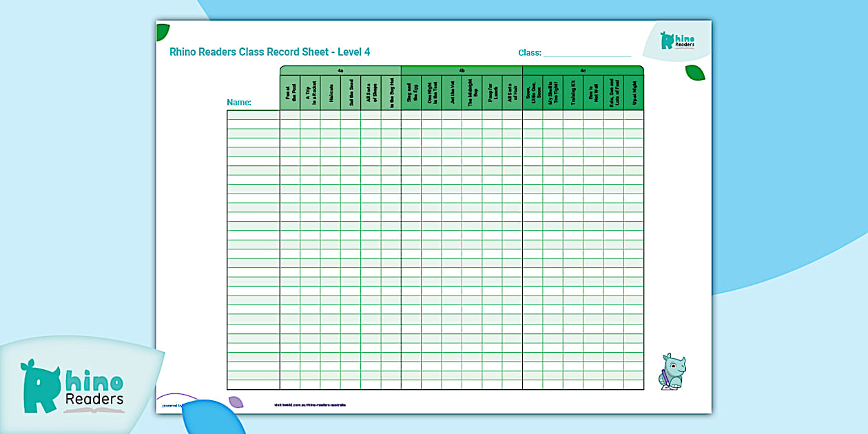 Rhino Readers Class Record Sheet - Level 4 (teacher made)