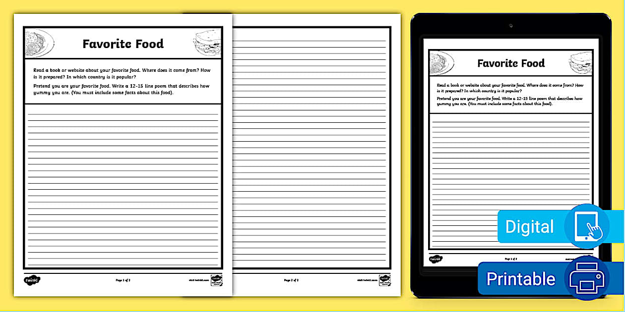 Research and Write Favorite Food Worksheet for 6th-8th Grade