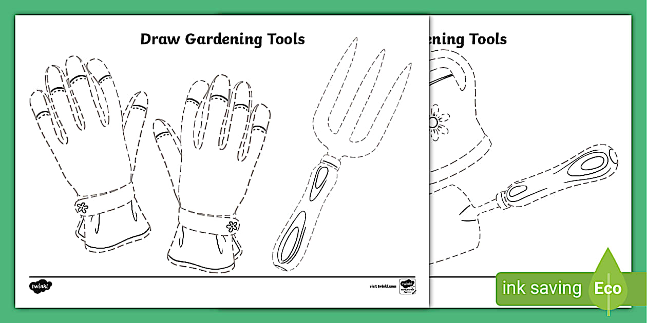 EYFS Draw Gardening Tools Pencil Control Activity - Twinkl