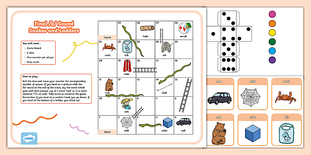 Final /b/ Sound Snakes and Ladders - Twinkl