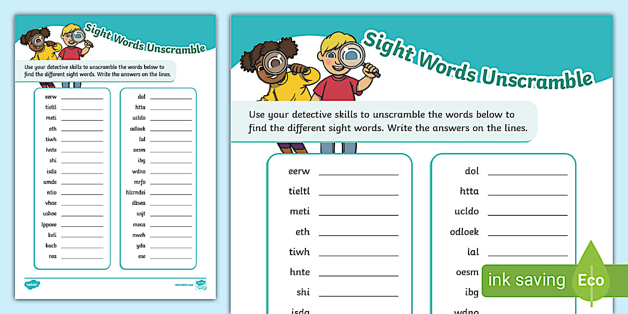 Sight Words Unscramble Activity Sheet (teacher made)