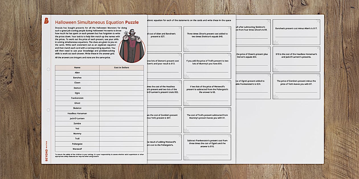 Halloween Simultaneous Equations Puzzle (teacher made)