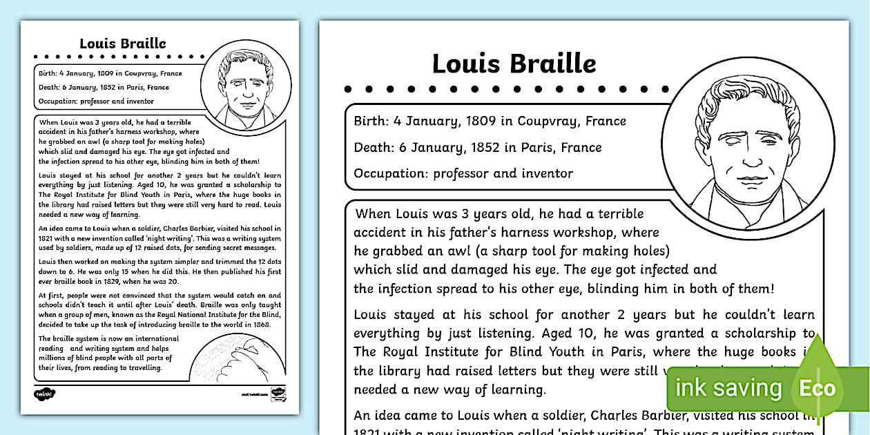 Cursive Louis Braille Significant Individual Fact Sheet