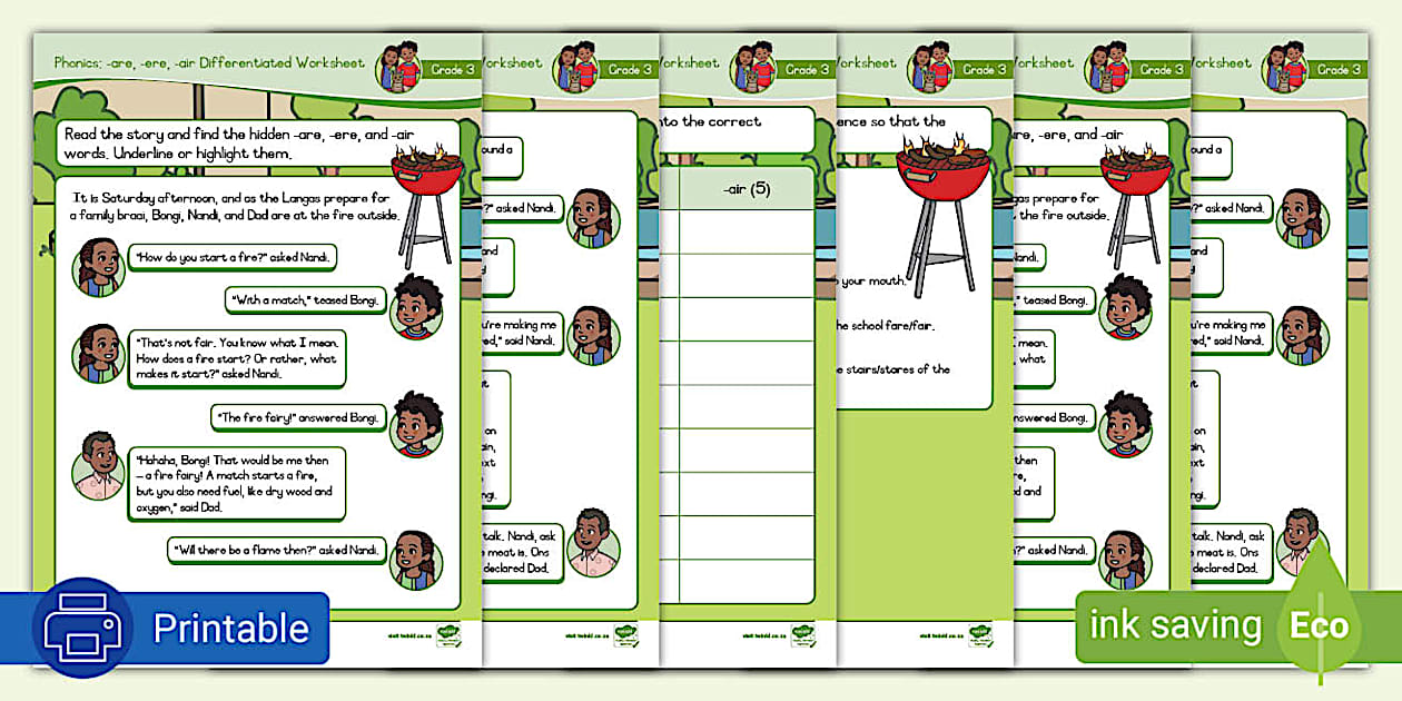 Grade 3 Phonics: -are, -ere, -air Differentiated Worksheets