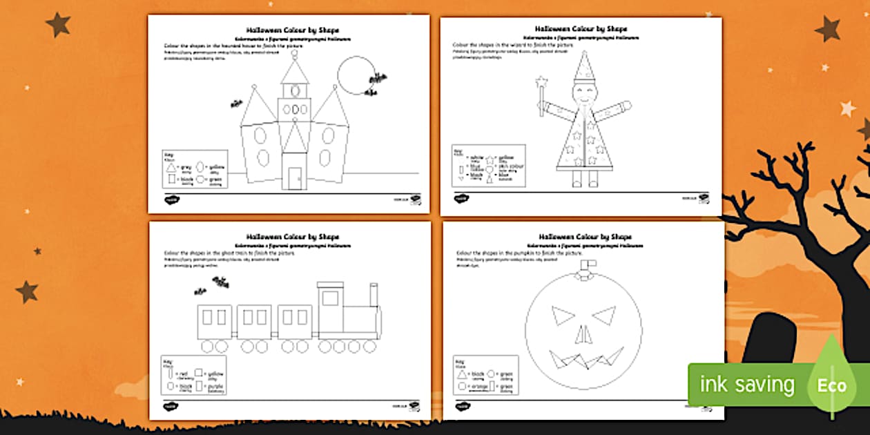 Halloween themed color by 2d shape worksheet / worksheet