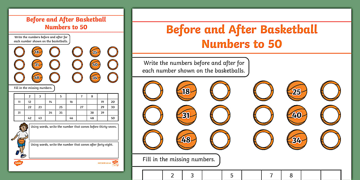 Before and After Basketball Numbers to 50 (teacher made)