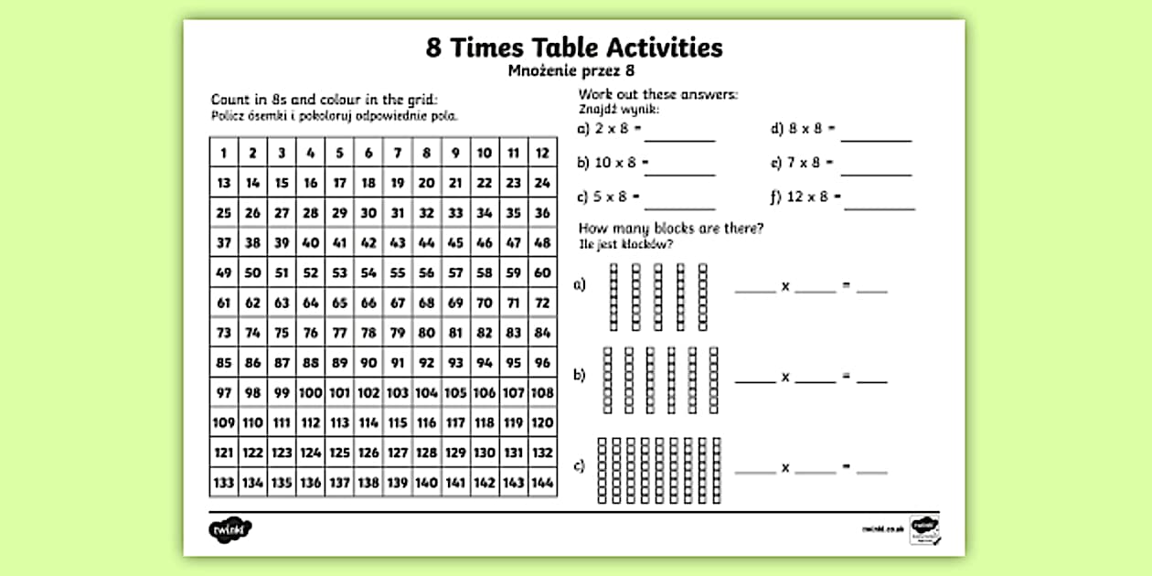 8 Times Table Worksheet / Worksheet English/Polish - 8 Times Table ...