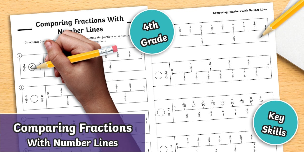 Fourth Grade Comparing Fractions With Number Lines Worksheet