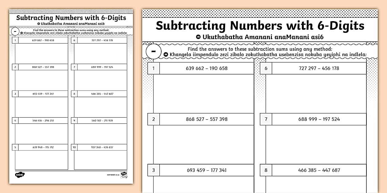 Subtraction Numbers with 6-Digits IsiXhosa (teacher made)